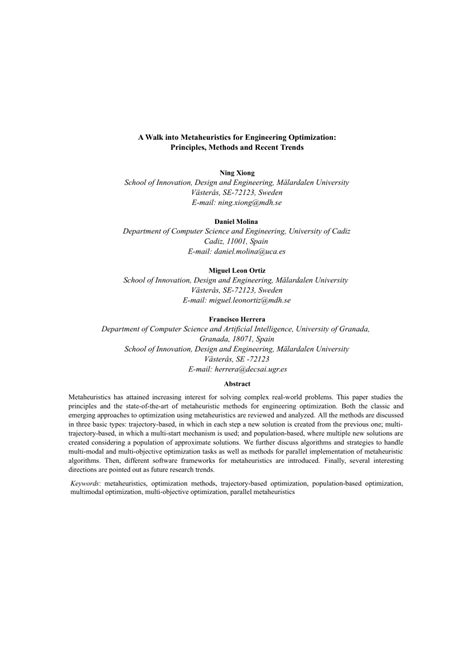 Pdf A Walk Into Metaheuristics For Engineering Optimization Principles Methods And Recent Trends