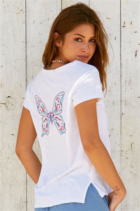 Butterfly Embroidered Organic Cotton T Shirt Whitemulti