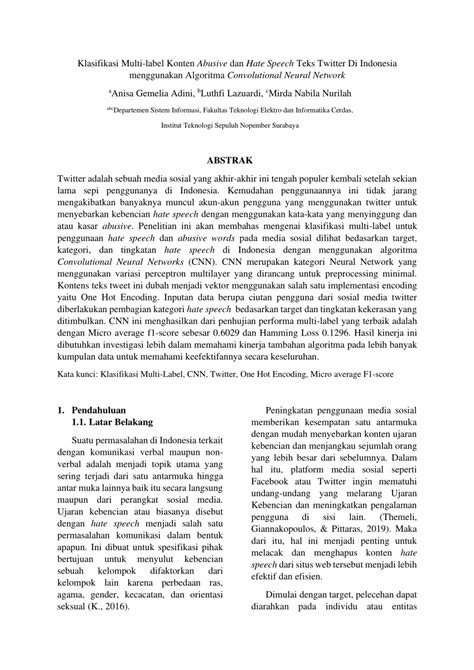 Pdf Klasifikasi Multi Label Konten Abusive Dan Hate Speech Teks