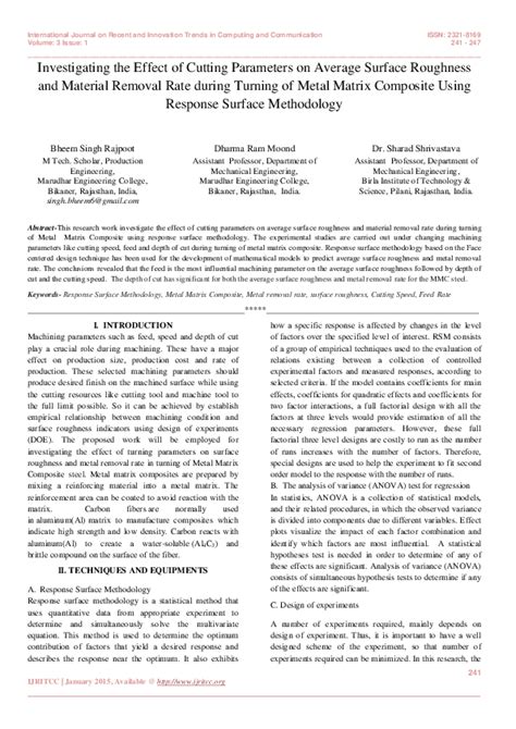 Pdf Investigating The Effect Of Cutting Parameters On Average Surface Roughness And Material