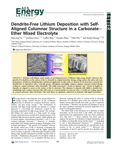 Pdf Dendrite Free Lithium Deposition With Self Aligned Columnar Structure In A Carbonate Ether