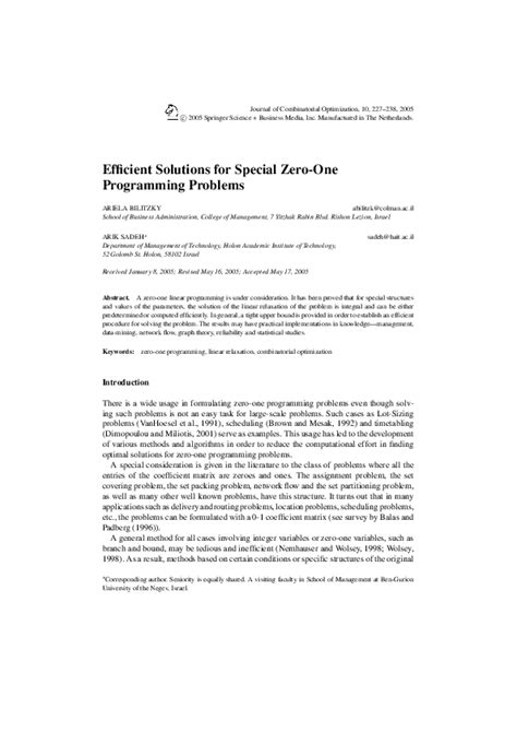 Pdf Efficient Solutions For Special Zero One Programming Problems