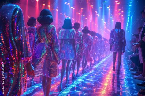 Models In Sparkling Dresses Walking A Runway Bathed In Radiant Neon