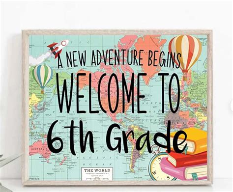 6th Grade Welcome To Classroom Door Sign World Map Adventure Themed