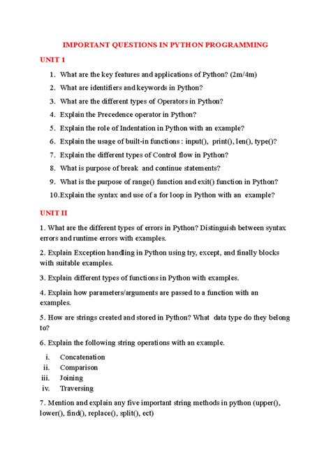 Important Questions In Python Programming Cs101 Unit 1 And 2 Studocu