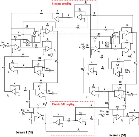 Analog Circuit For Two Coupled Mhr Neurons With Synapse Coupling And