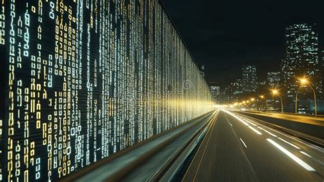 Abstract Geometric Data Streams At Night Illuminated Highway And Glowing Code Wall Stock
