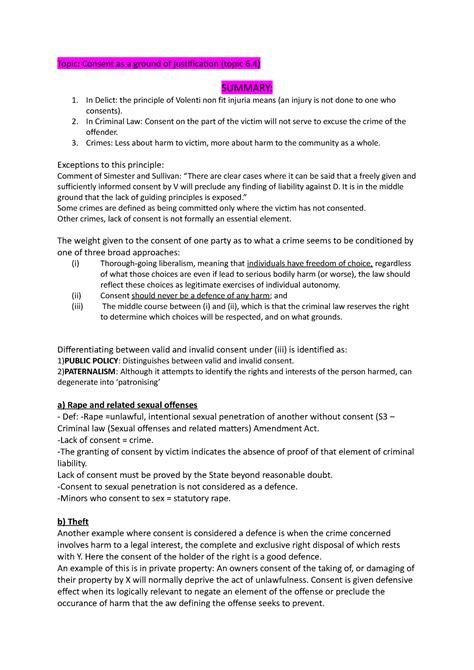 Summary FOR CRIM LAW CONSENT Topic Consent As A Ground Of Justification Topic SUMMARY