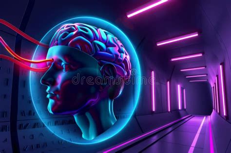 AI Brain with Neon Lights in Futuristic Tunnel, Advanced Artificial Intelligence Technology ...