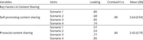 measurement items factor loadings scale reliabilities and