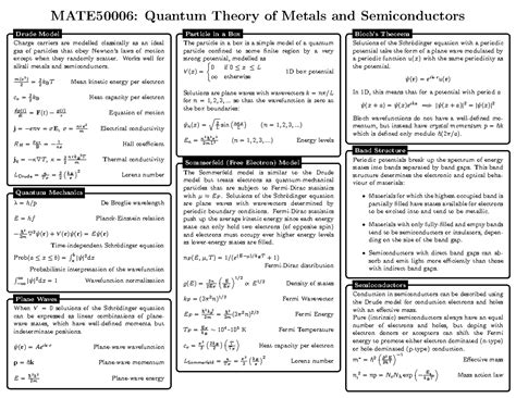 Electronic Properties Equation Sheet Mate50006 Quantum Theory Of