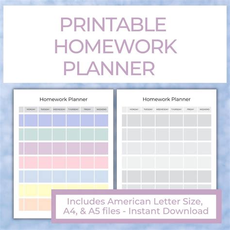 Homework Planner Printable Middle School Planner Study Planner