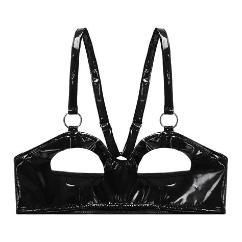 Womens Lingerie Wet Look Patent Leather Open Cup Bra Tops Adjustable