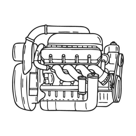 Detailed Black And White Line Drawing Of A Car Engine With Complex