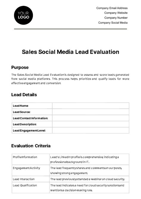 Free Sales Social Media Lead Evaluation Template To Edit Online
