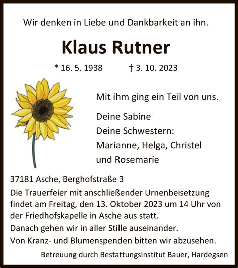 Traueranzeigen Von Klaus Rutner Trauerhnade