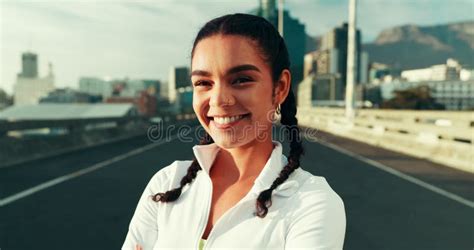Athlete Face And Woman With Arms Crossed In City For Running Workout Marathon Training Or