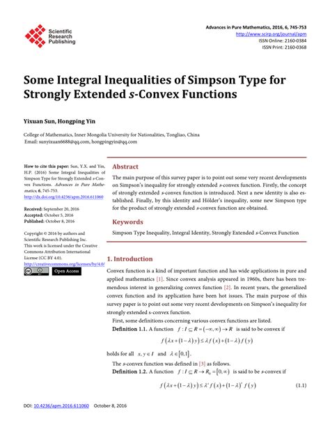 Pdf Some Integral Inequalities Of Simpson Type For Strongly Extended S Convex Functions
