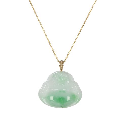 Grade A Happy Buddha Burmese Jade Necklace 18k Yellow Gold Mays Gems