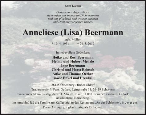 Traueranzeigen Von Anneliese Lisa Beermann Nordwest Trauer De