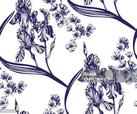 Vector Iris Flowers Seamless Pattern Hand Drawn Ink Illustration Wallpaper Or Fabric Design