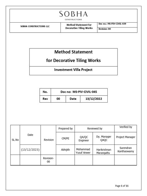 Method Statement For Tiling Works Pdf Specification Technical