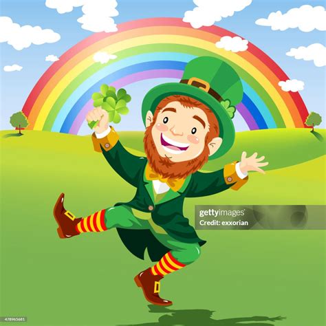 Happy Leprechaun In A Nature Background With Rainbow High Res Vector