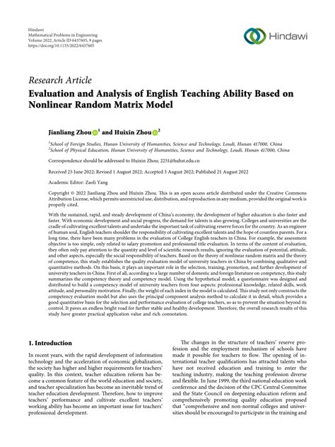 Pdf Evaluation And Analysis Of English Teaching Ability Based On Nonlinear Random Matrix Model