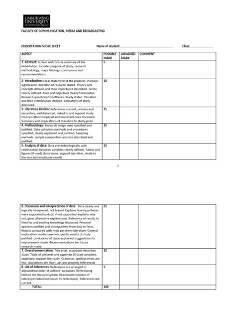 Dissertation Score Sheet Pdf Data Methodology