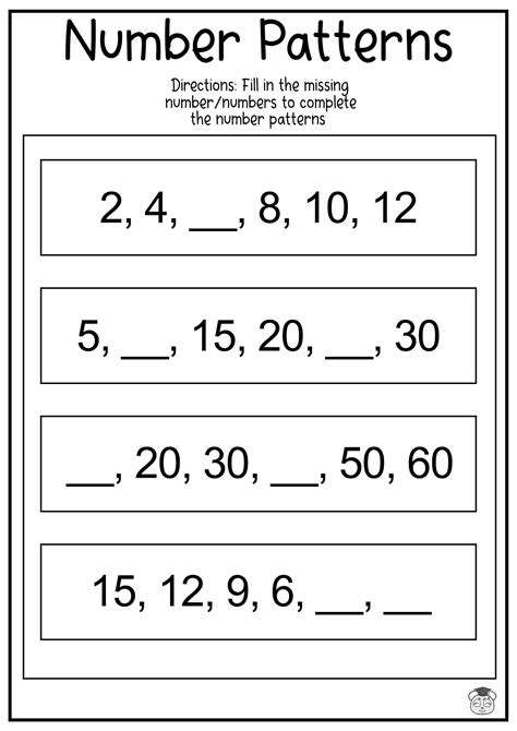 7 Printable Number Patterns Math Worksheet Fill In The Blanks To Complete The Number Patterns