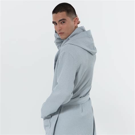 Mens Blue Gray Hooded Turkish Cotton Waffle Robe