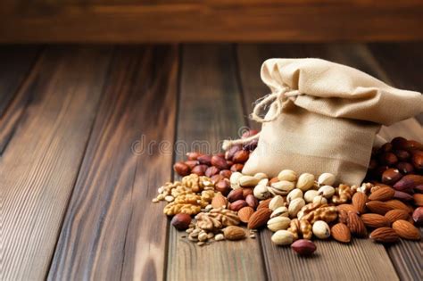Bag Of Assorted Nuts On Wooden Table Stock Image Image Of Nuts Still