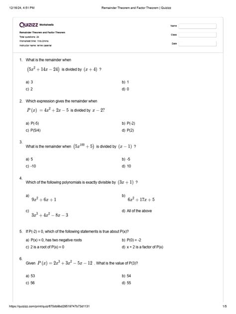 Math 10 St2 Remainder Theorem And Factor Theorem Quizizz Pdf Factorization Division