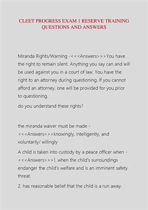 Cleet Progress Exam 1 Reserve Training Questions And Answers Exams Biology Docsity