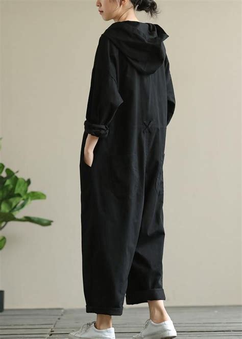 Artistic Hooded Black All Match Long Sleeved Casual Nine Point Jumpsuit