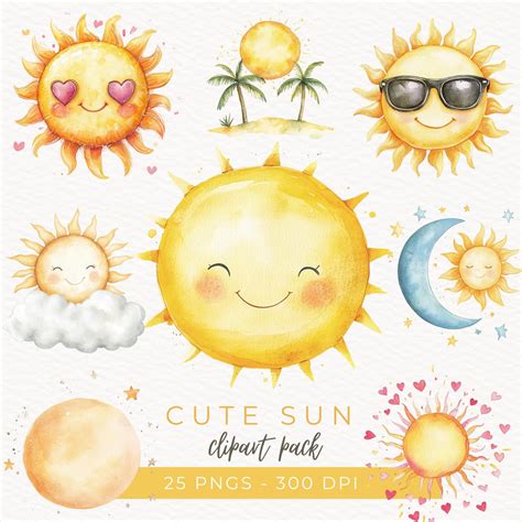 Cute Sun Clipart Sun Png Watercolor Sunshine Art Boho Sun