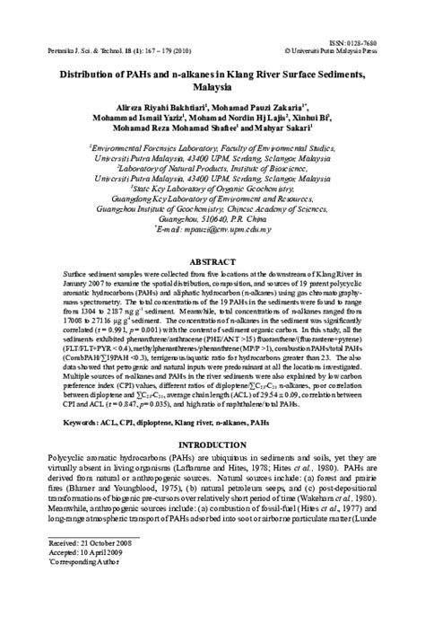 Pdf Distribution Of Pahs And N Alkanes In Klang River Surface
