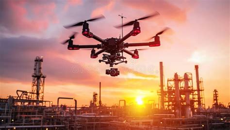 An Aerial Drone Soaring Above An Industrial Facility At Sunrise Showcasing Advanced