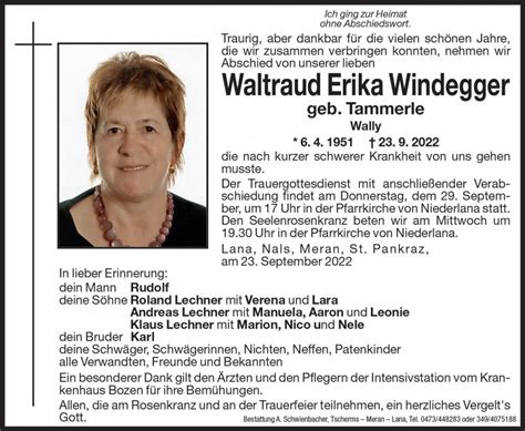 Waltraud Erika Windegger Geb Tammerle Lana Bestattungsdienst