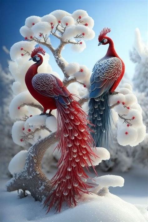 Two Peacocks Sitting On A Snowy Tree Branch Animali