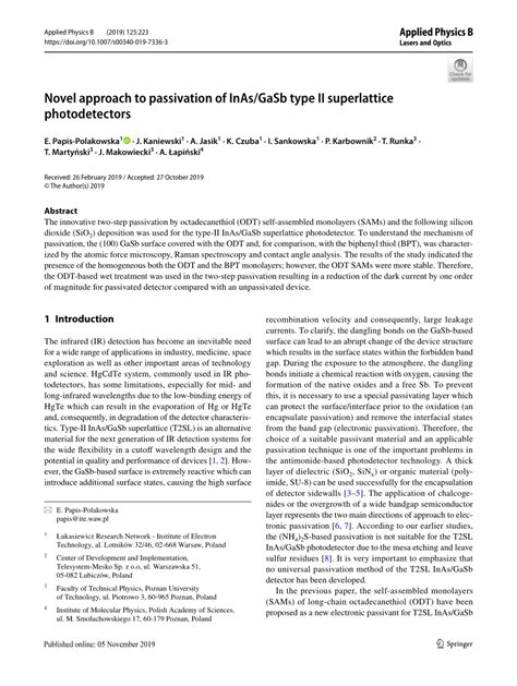 Pdf Novel Approach To Passivation Of Inasgasb Type Ii Superlattice