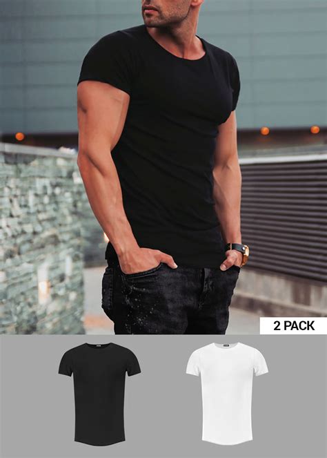 2 Pack Black And White Mens Plain Round Neck T Shirt Longline Rb