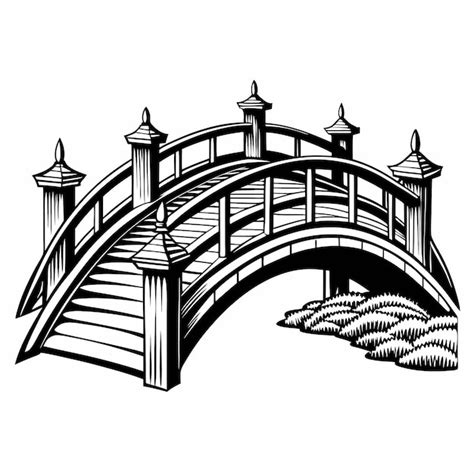 Traditional Japanese Arch Bridge Illustration Black And White Line Art