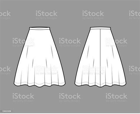 스커트 플레어 스케이터 기술 패션 일러스트와 무릎 길이 A 라인 충만 얇은 허리 밴드 플랫 하부 설계도에 대한 스톡 벡터 아트
