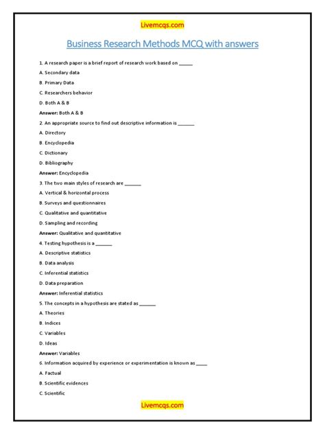 Business Research Methods Mcq With Answer Pdf Pdf Scientific Method Data