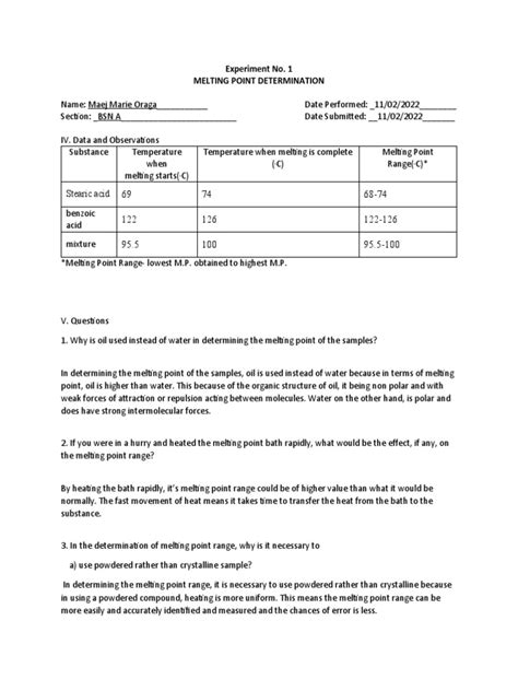 experiment no 1 melting point answer sheet pdf melting point