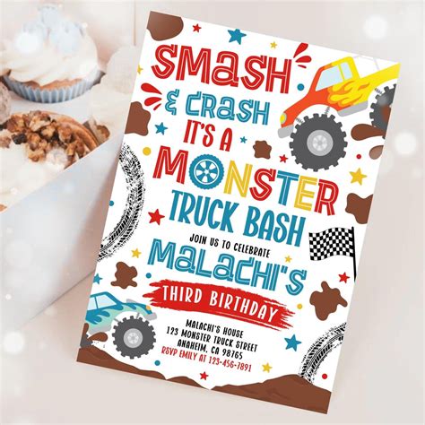 Monster Truck Birthday Invitation Smash Crash Its A Monster Truck Bash