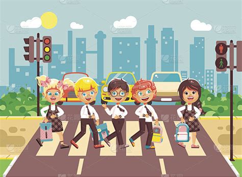矢量插图卡通人物儿童，遵守交通规则，男女学童同学去道路步行区过马路，城市背景回到学校平风格