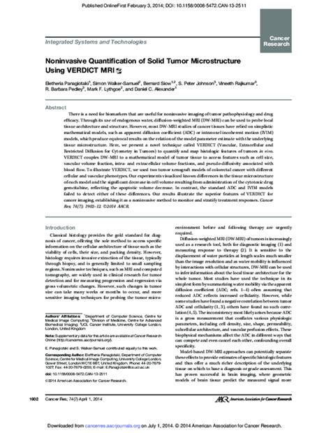 Pdf Noninvasive Quantification Of Solid Tumor Microstructure Using Verdict Mri