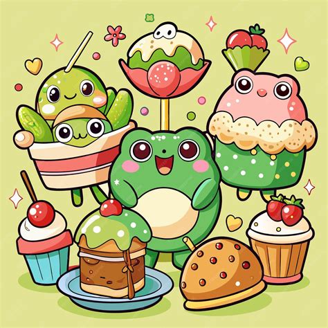 Frog In Various Poses Cute Strawberry Baker Illustration Premium Ai Generated Vector